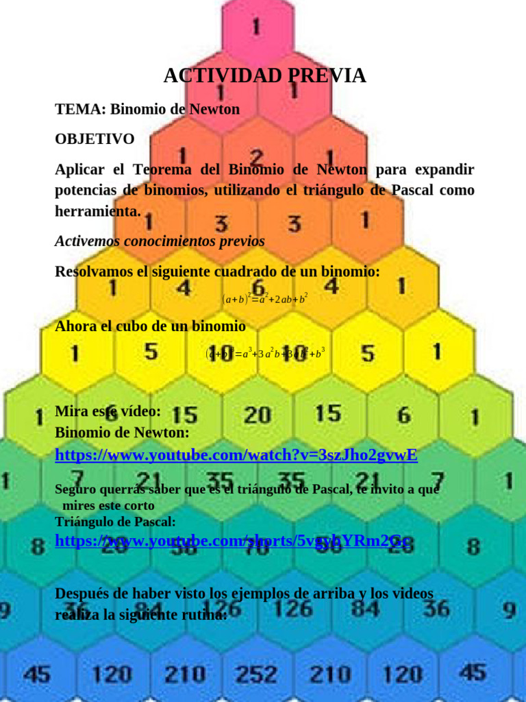 Actividad Previa Triangulo Pascal Binomio Newton | PDF