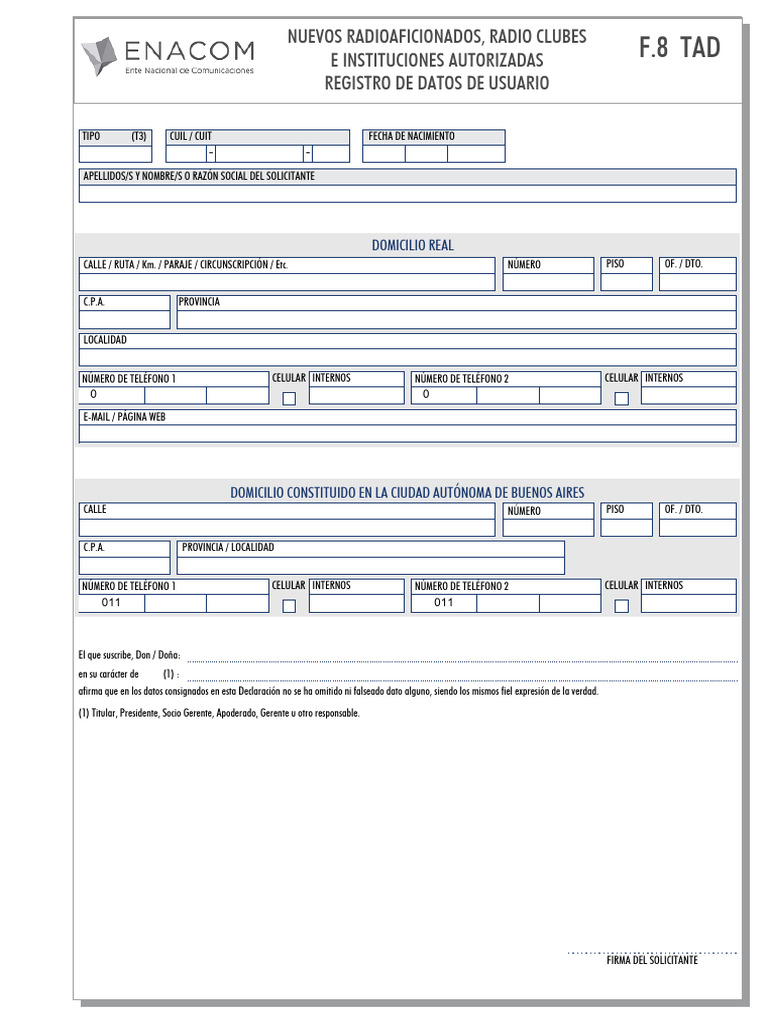 Formulario F8 TAD para Radioaficionados | PDF