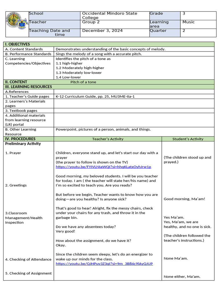 Group 2 Lesson Plan in Music 2 | PDF | Pitch (Music) | Sound