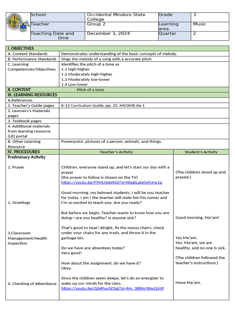 Group 2 Lesson Plan in Music 1 | PDF | Sound | Teachers
