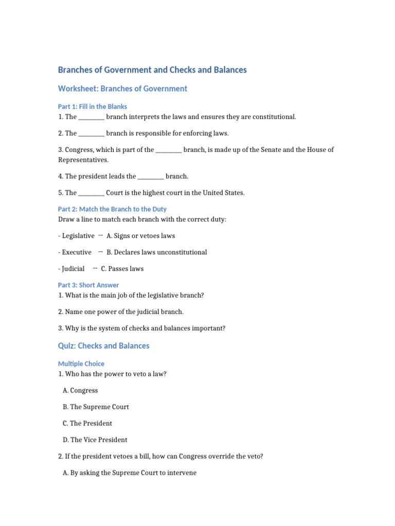 Branches_of_Government_Worksheet_and_Quiz | PDF