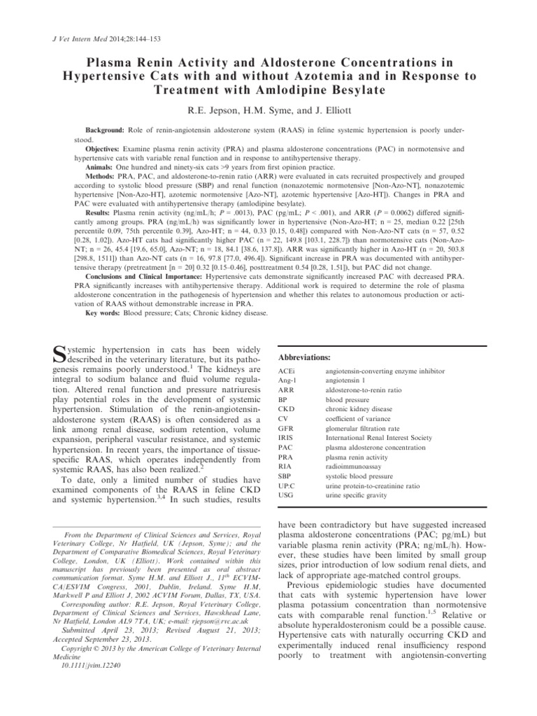 Plasma Renin Activity and Aldosterone Concentrations in Hypertensive Cats With and Without ...