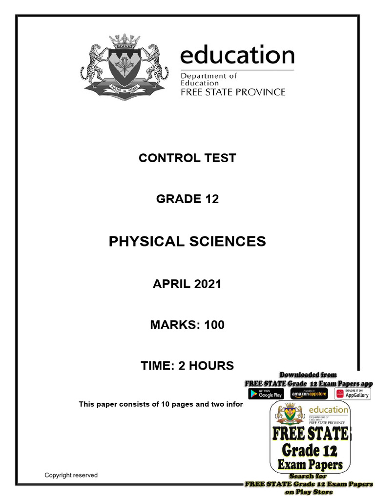 Grade 12 Physical Sciences Control Test | PDF | Force | Momentum