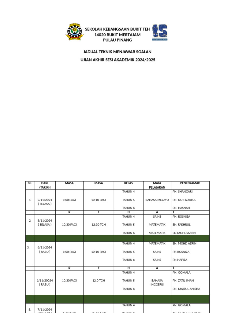 Jadual Teknik Menjawab Soalan Uasa 2024 | PDF
