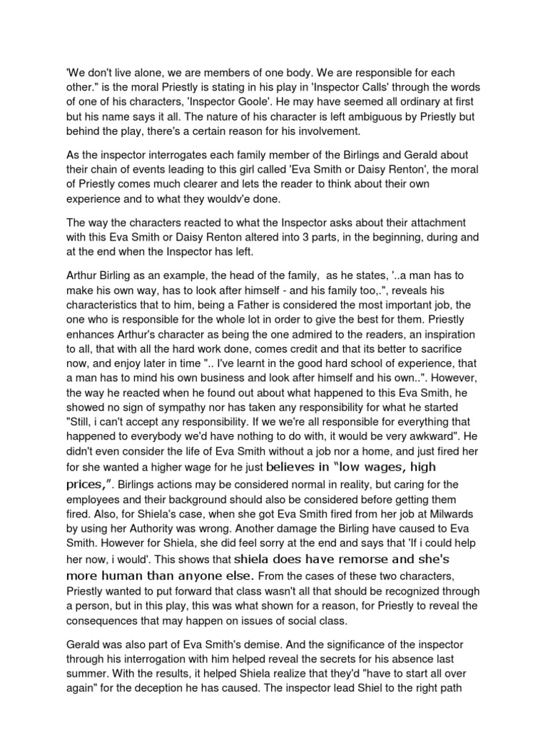 An Inspector Calls Essay | PDF