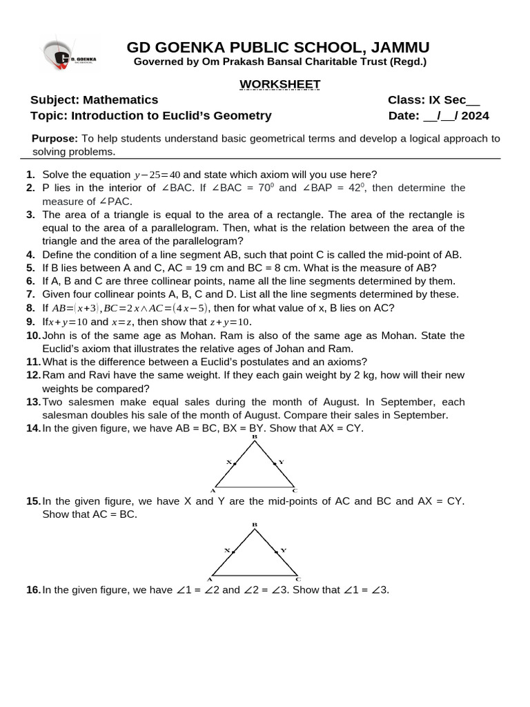 Worksheet Introduction To Euclid's Geometry 9TH Class | PDF | Line ...