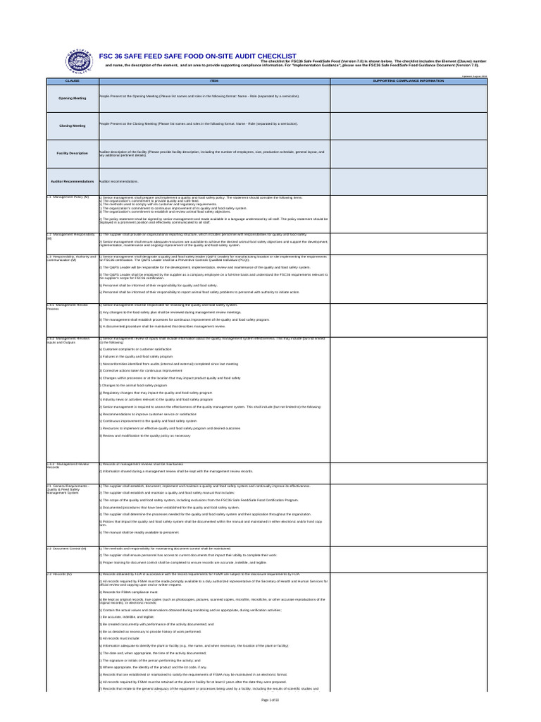 Fsc36 On Site Audit Checklist | PDF | Food Safety | Safety