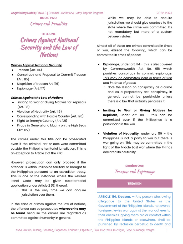 ABN - Criminal Law Review - Crim 2 COMPLETE | PDF | Treason | Crimes