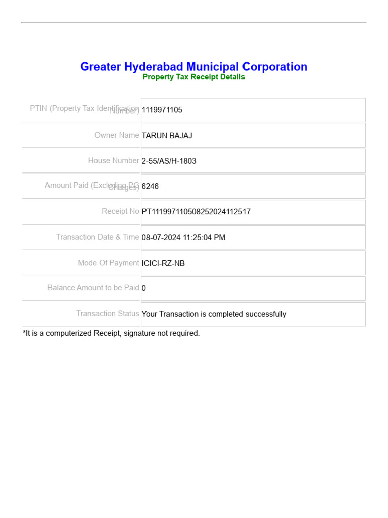 GHMC Online Receipt 2022-2023 | PDF