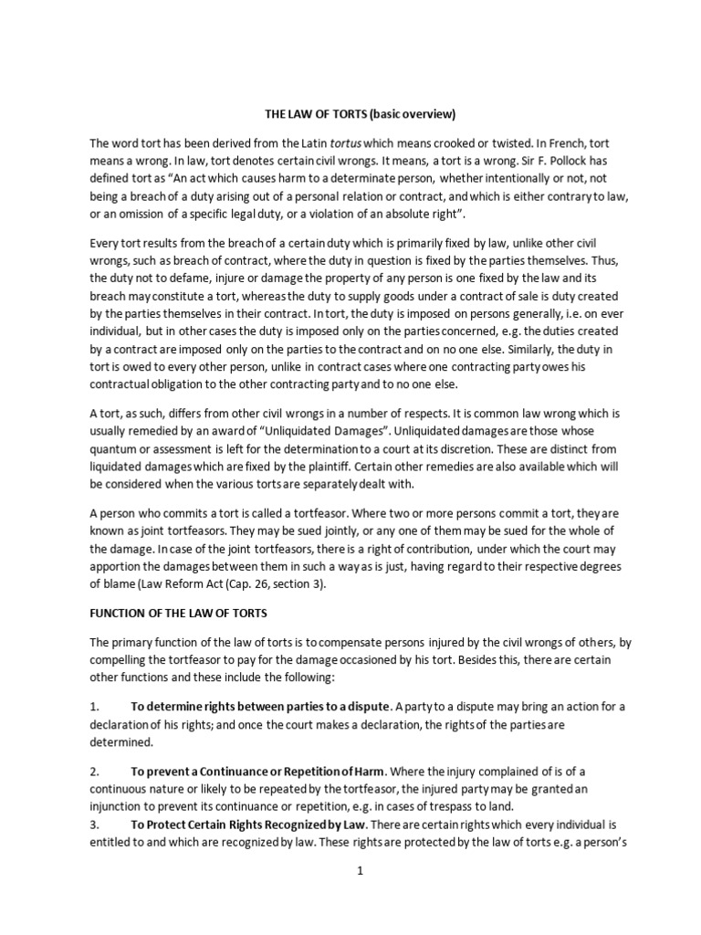 Chapter 1 - THE LAW OF TORTS (Basic Overview) | PDF | Tort | Negligence