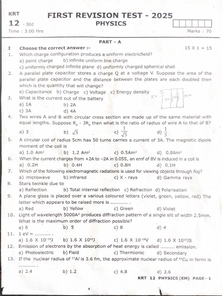 12th Physics 1st Revision Exam 2025 Original Question Paper Krishnagiri District English Medium ...