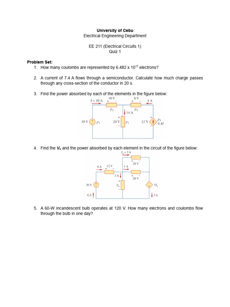 EE 211 Quiz 1: Electrical Circuits Problems | PDF