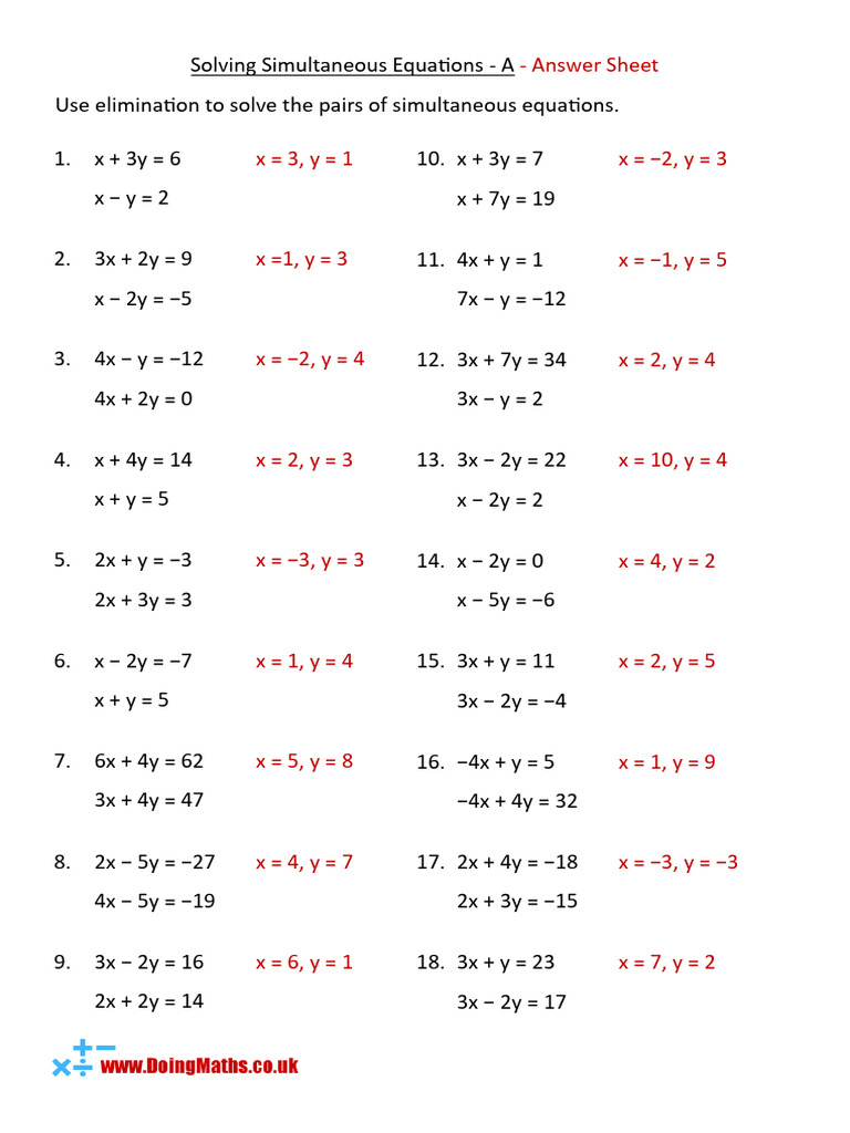 Solving Simultaneous Equations A Answer Sheet | PDF