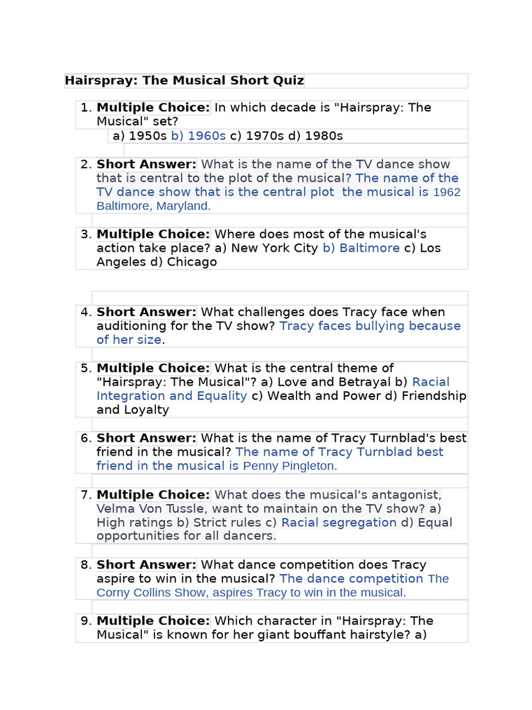 Hairspray Musical Quiz and Facts | PDF