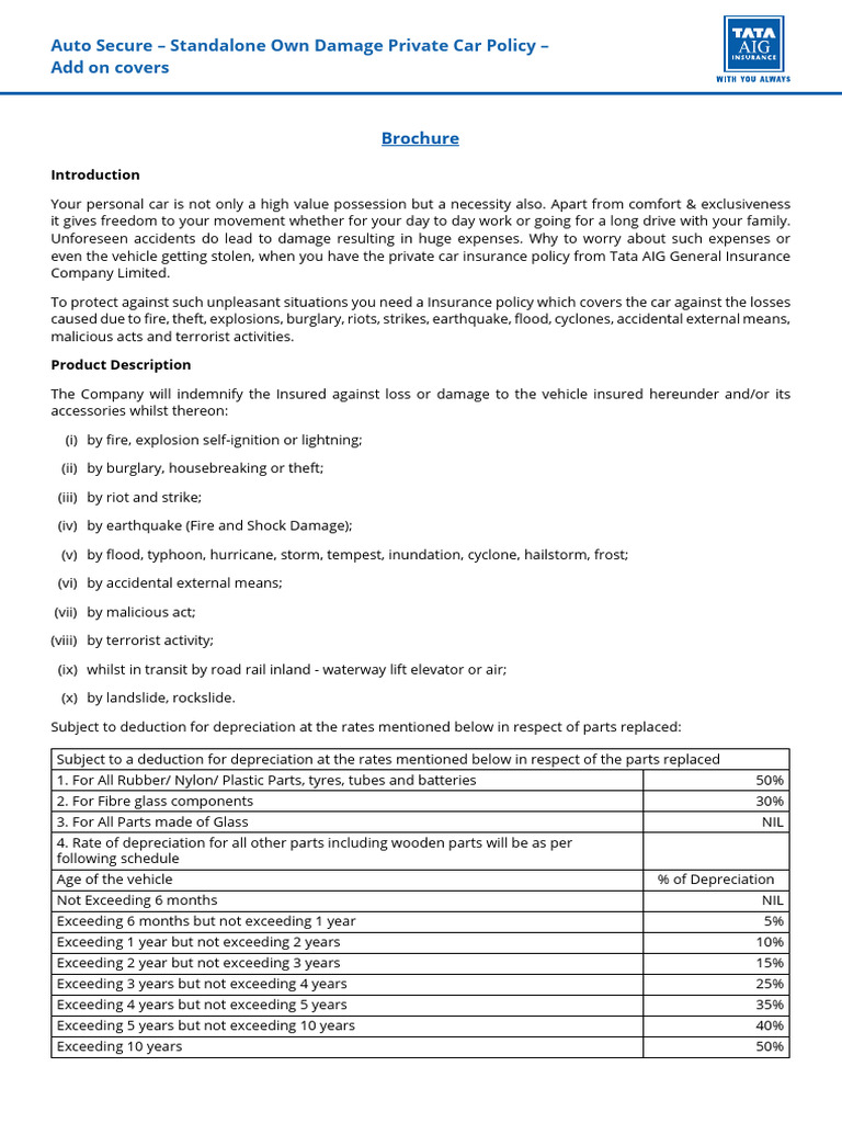 Tata AIG Auto Secure Car Insurance | PDF | Insurance | Deductible