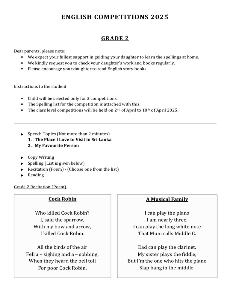 English Competitions 2025 - Grade 02 | PDF