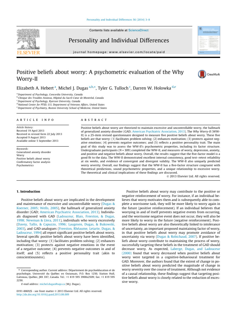 Psychometric Evaluation of Why Worry-II | PDF | Self Report Study ...