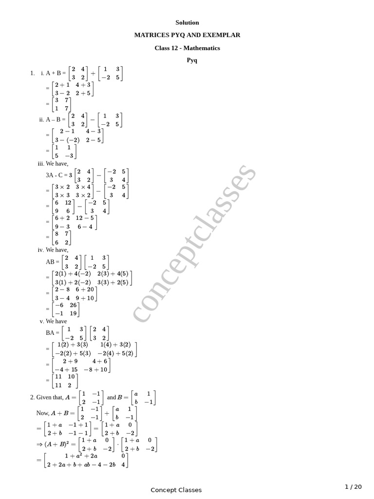 Matrices Solutions for Class 12 Math | PDF | Matrix (Mathematics ...
