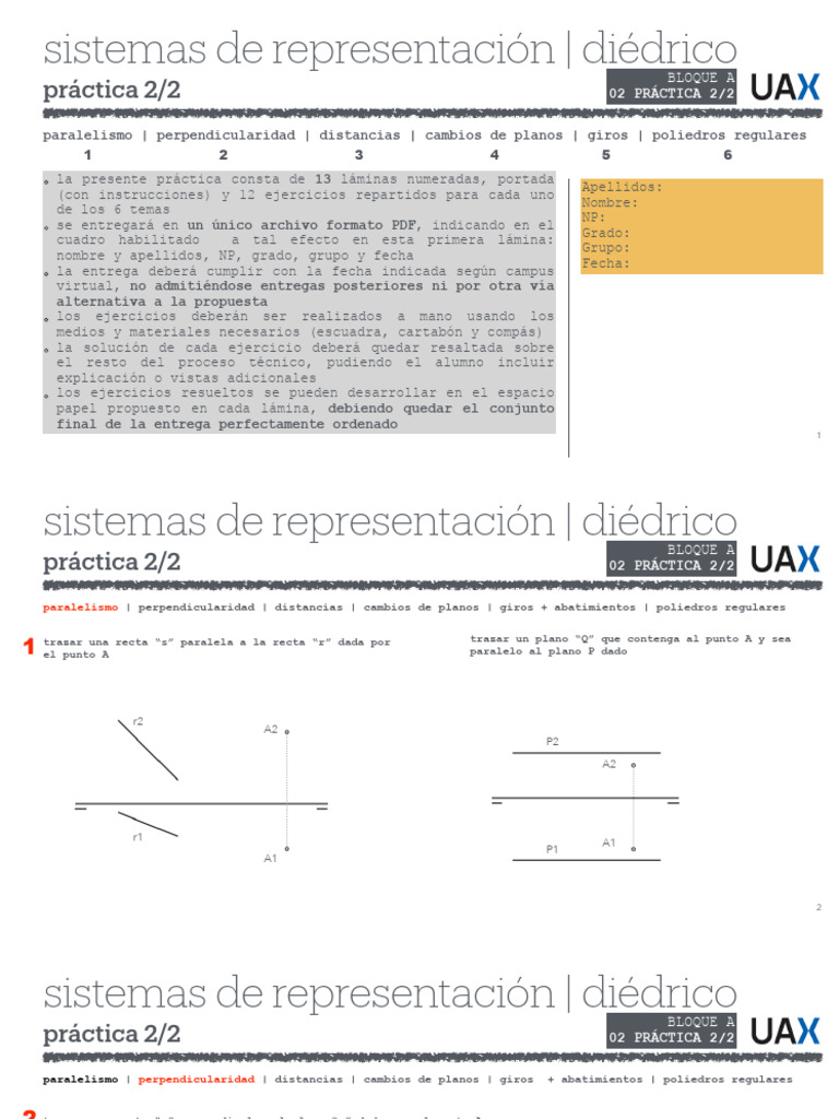 01 - BLOQUE A - DIEDRICO - PRÁCTICA - 2de2 - T5aT11 - ENUNCIADO | PDF | Geometría euclidiana ...