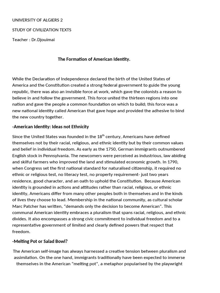 Civ-01 - Formation of American Identity | PDF | Ethnicity | Cultural ...