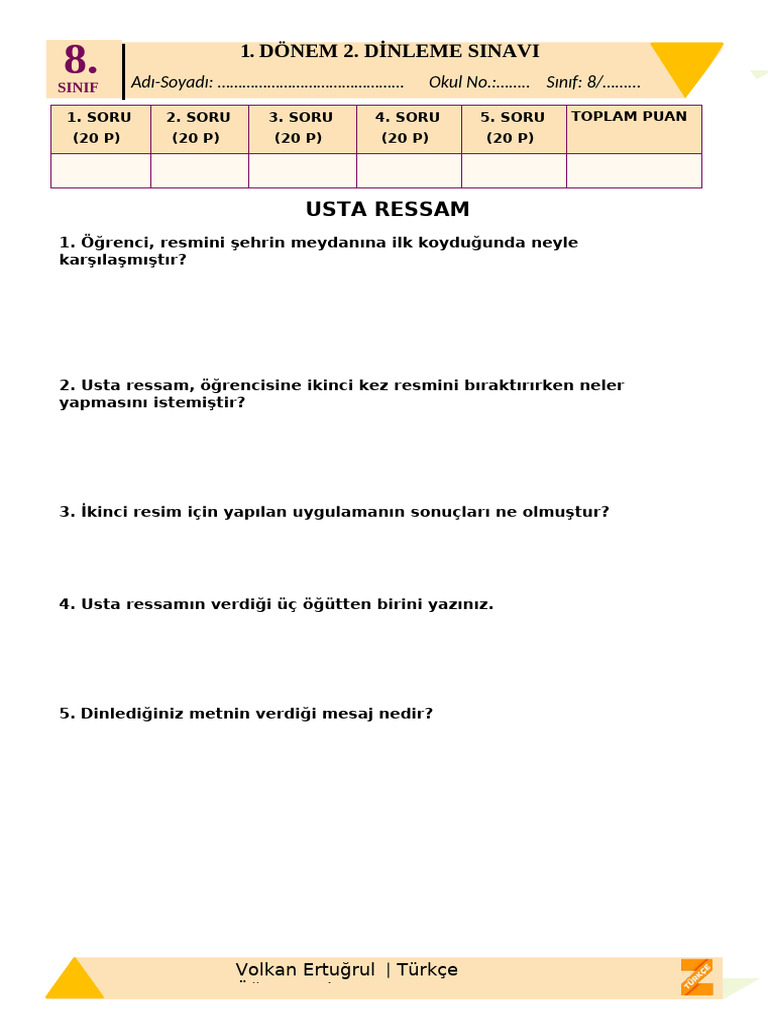 8.Sinif Dinleme Sinavi 7 Usta Ressam Volkanertugrul | PDF