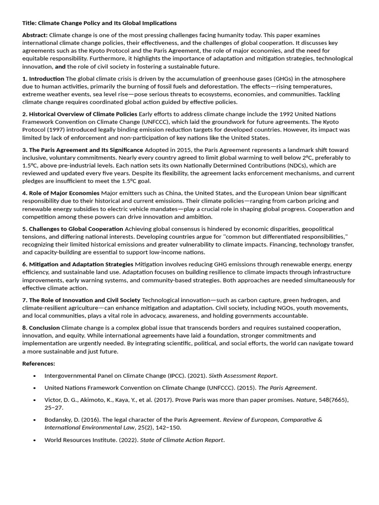 Climate Change Policy and Its Global Implications | PDF | Climate ...