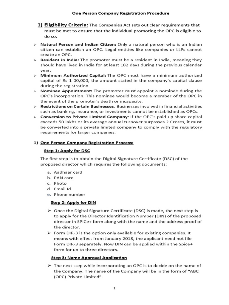 OPC Eligibility and Registration Guide | PDF | Articles Of Association ...