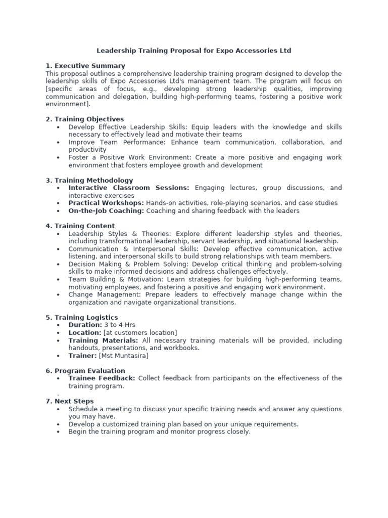 Leadership Training Proposal for Expo Ltd | PDF | Leadership | Team ...