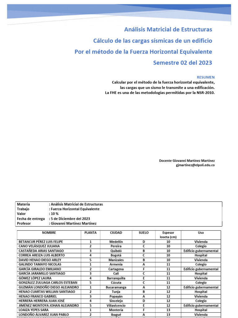Trabajo FHE - Análisis Matricial de Estructuras - PCJIC - Sem 02 Del ...