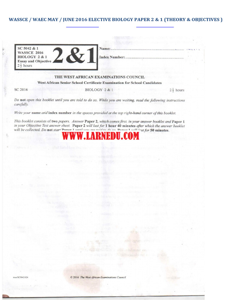 WASSCE 2016 Elective Biology Papers | PDF