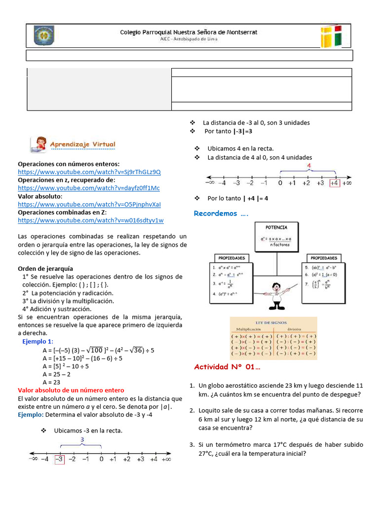 Guia de Aprendizaje n 1 2do Numeros Enteros | PDF | Entero | Aritmética