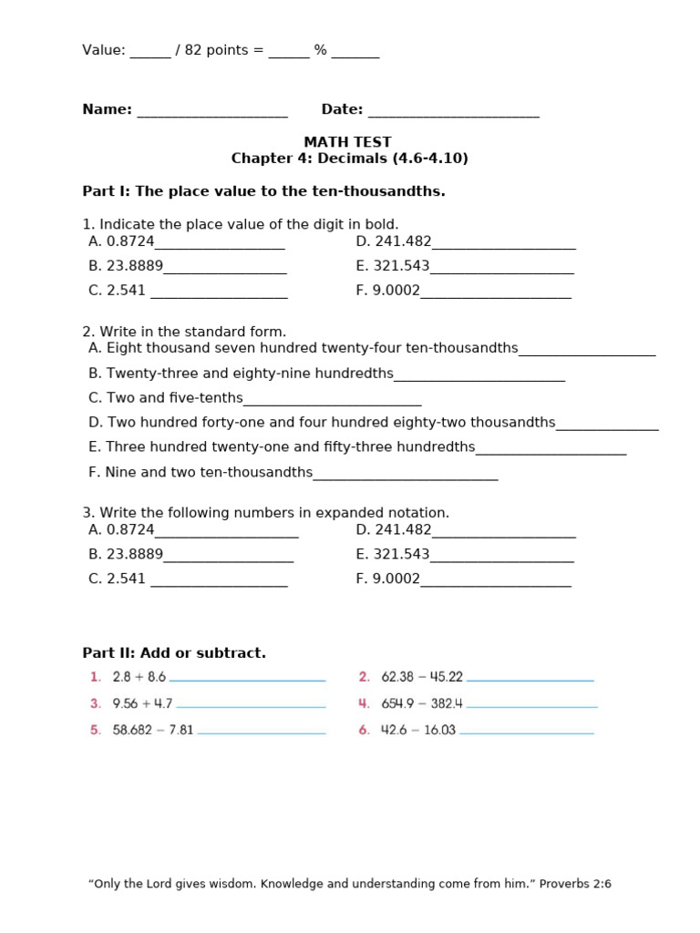 Decimals Test Math 6 | PDF