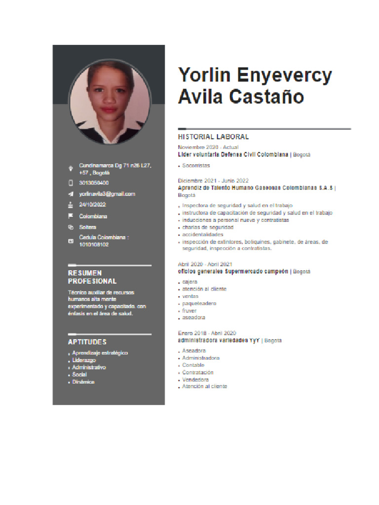 Hoja de Vida de Yorlin Enyevercy Avila Castaño | PDF