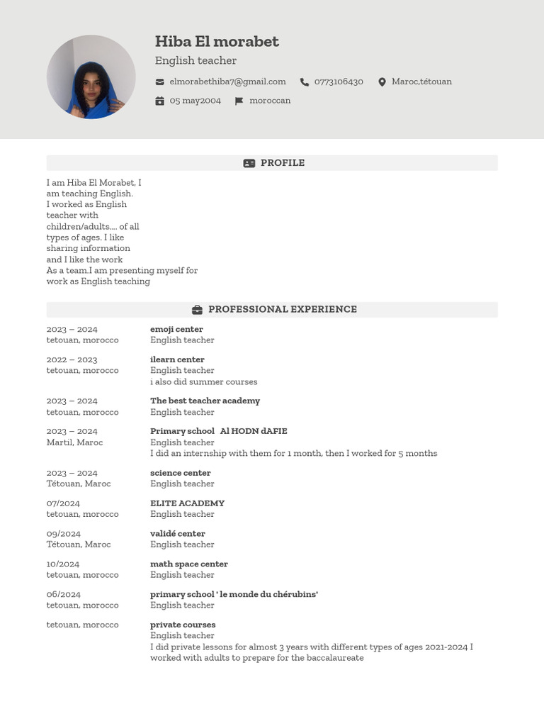 Hiba El Morabet FlowCV Resume 20250224 | PDF | Teachers | Learning