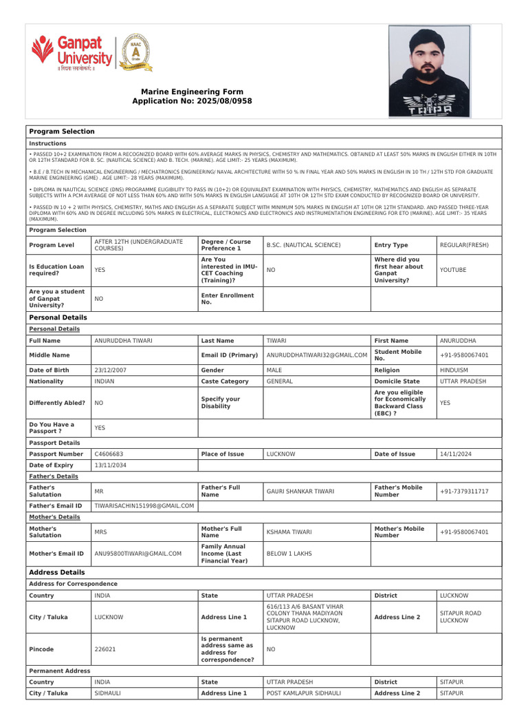 Application - Form - 2025 - 08 - 0958 Ganpat | PDF | University And College Admission | Academic ...