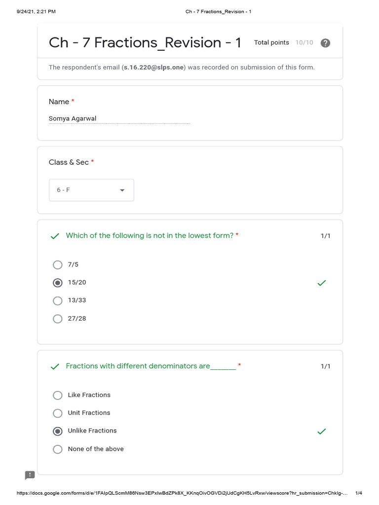 Chapter 7 Fractions Revision Quiz | PDF | Lexicology | Mathematical Objects