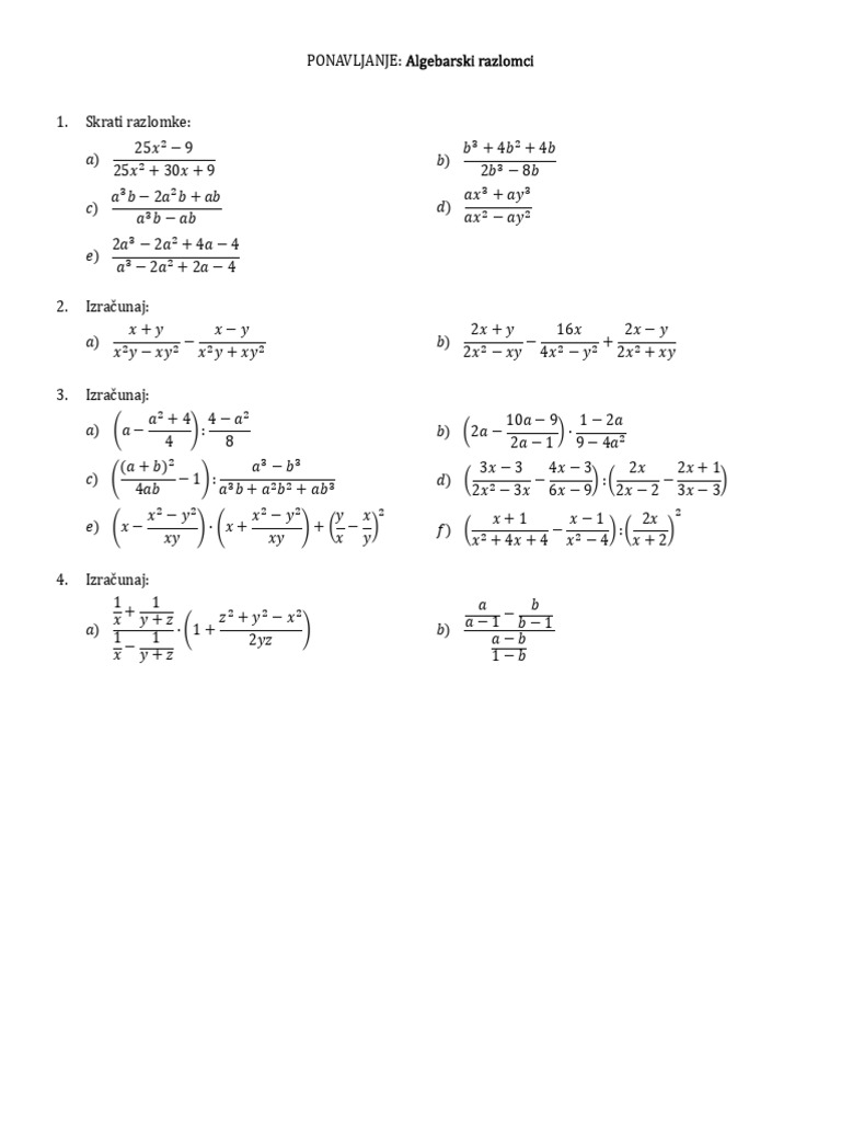 Ponavljanje - Algebarski Razlomci-1 | PDF