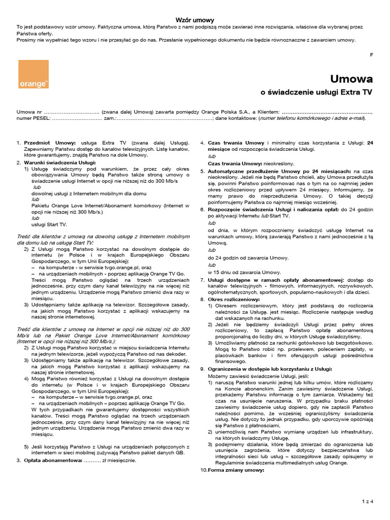 Umowa o - Wiadczenie Us - Ugi Extra TV | PDF