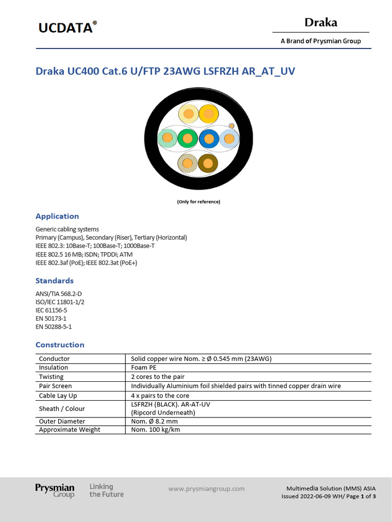Draka UC400 Cat.6 U/FTP Cable Specs | PDF | Electrical Engineering ...
