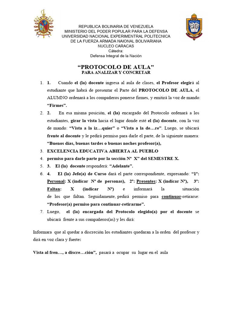 Protocolo Aula Unefa Din 2022 | PDF