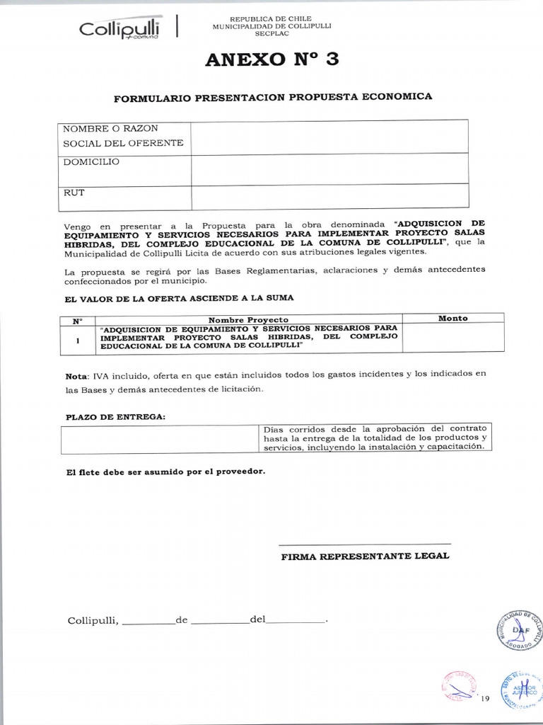Anexo #3 Formulario Presentación Oferta Económica | PDF