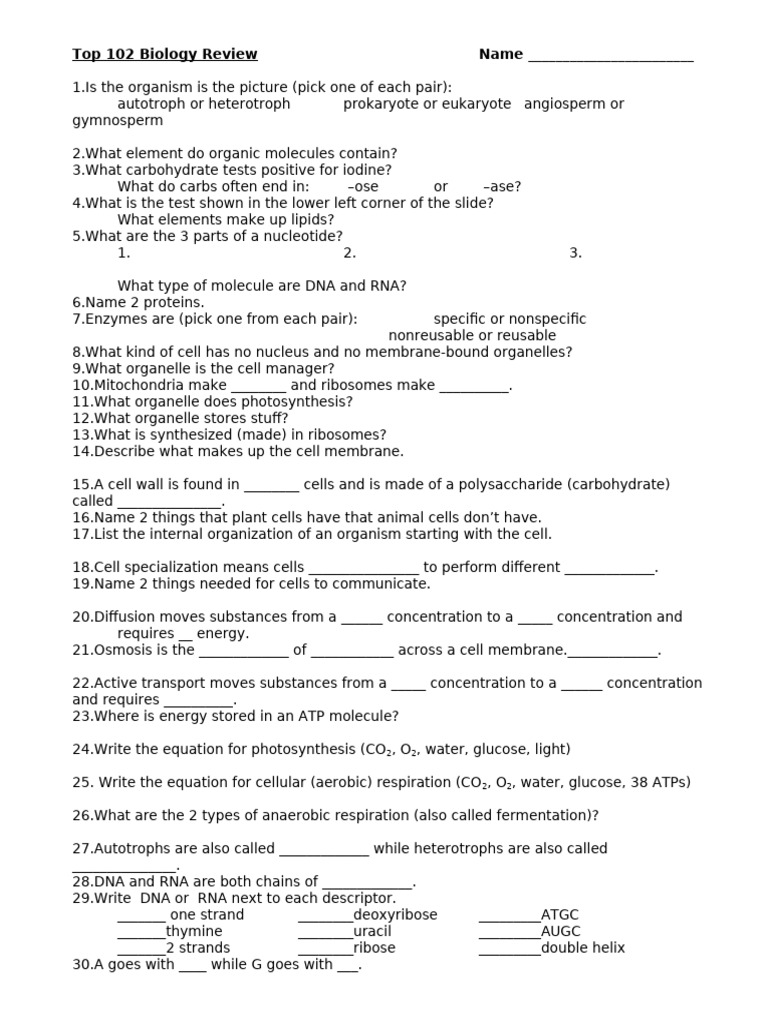 Top-101-Biology-Questions | PDF | Cell (Biology) | Zygosity