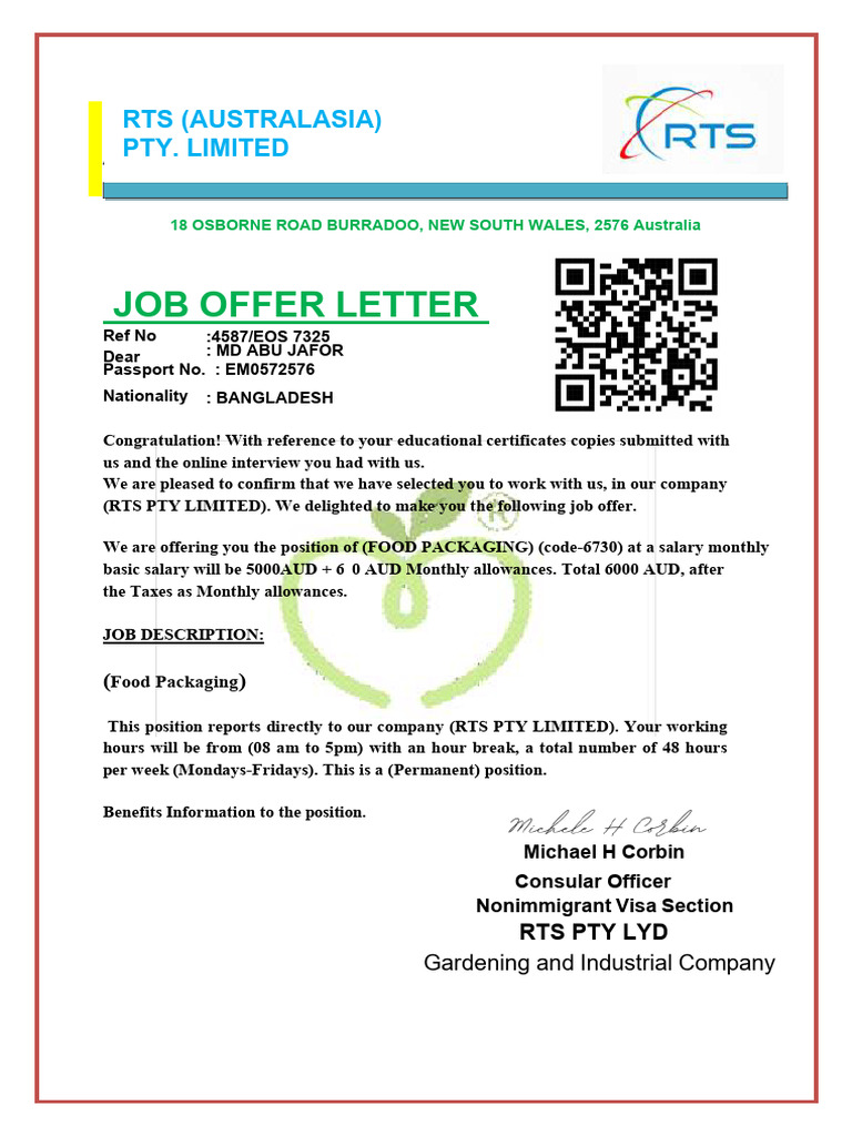 RTS Australia Job Offer Letter | PDF