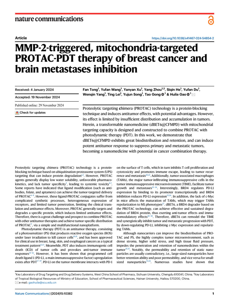 MMP-2-triggered, Mitochondria-Targeted PROTAC-PDT Therapy of Breast Cancer and Brain Metastases ...