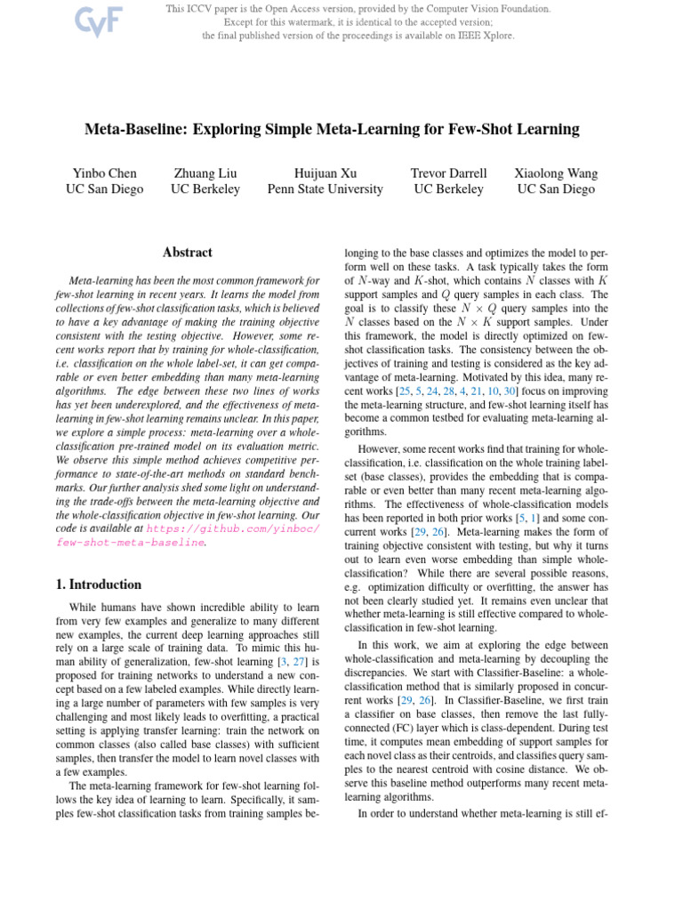 Meta-Learning vs Whole-Classification in Few-Shot Learning | PDF | Statistical Classification ...