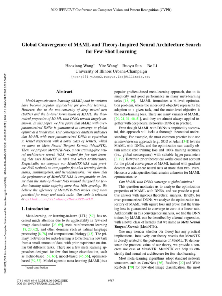 Global Convergence of MAML and Theory-Inspired Neural Architecture Search For Few-Shot Learning ...
