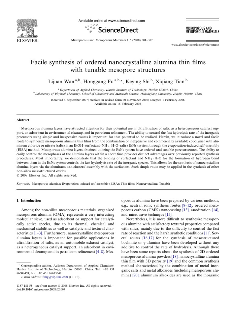 Facile Synthesis of Mesoporous Alumina Thin Films | PDF | Adsorption ...