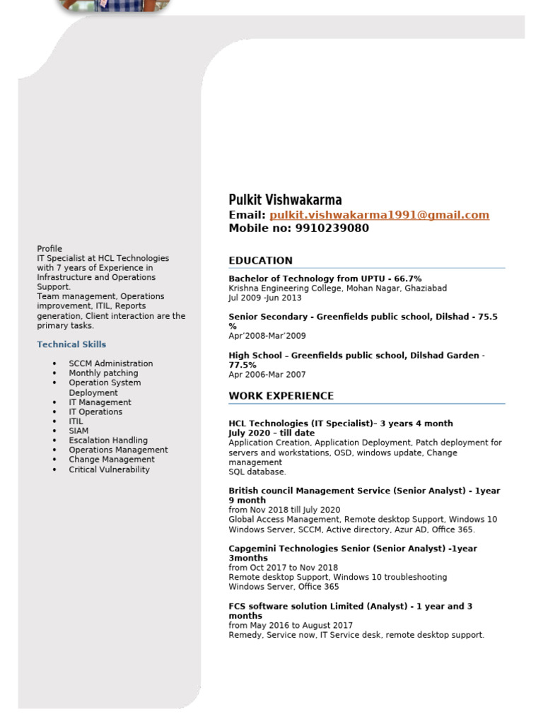 Pulkit Vishwakarma SCCM - CV | PDF | Active Directory | Remote Desktop Services