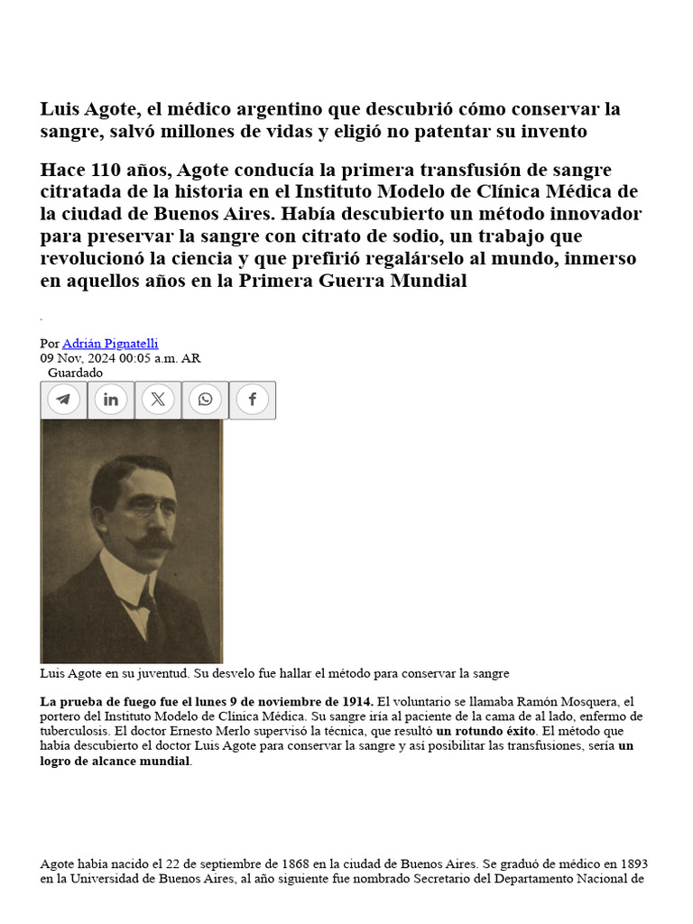 Luis Agote, El Médico Argentino Que Descubrió Cómo Conservar La Sangre ...