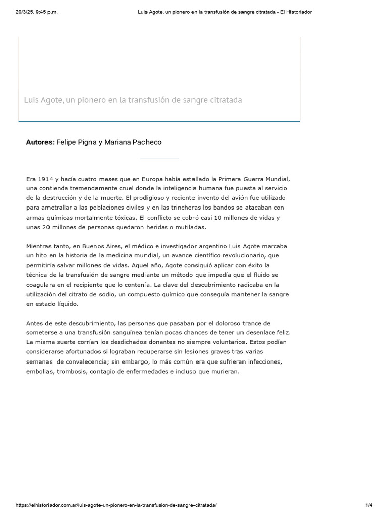 Luis Agote y la transfusión de sangre | PDF | Vertebrados | Medicina ...